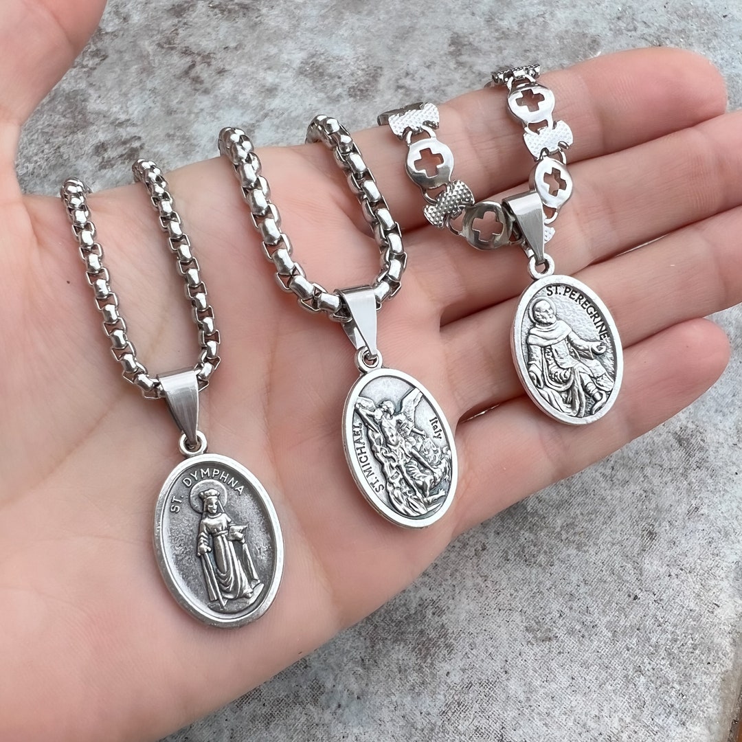 Catholic Saint Medal Necklace, Stainless Steel Chain, Religious Jewelry ...