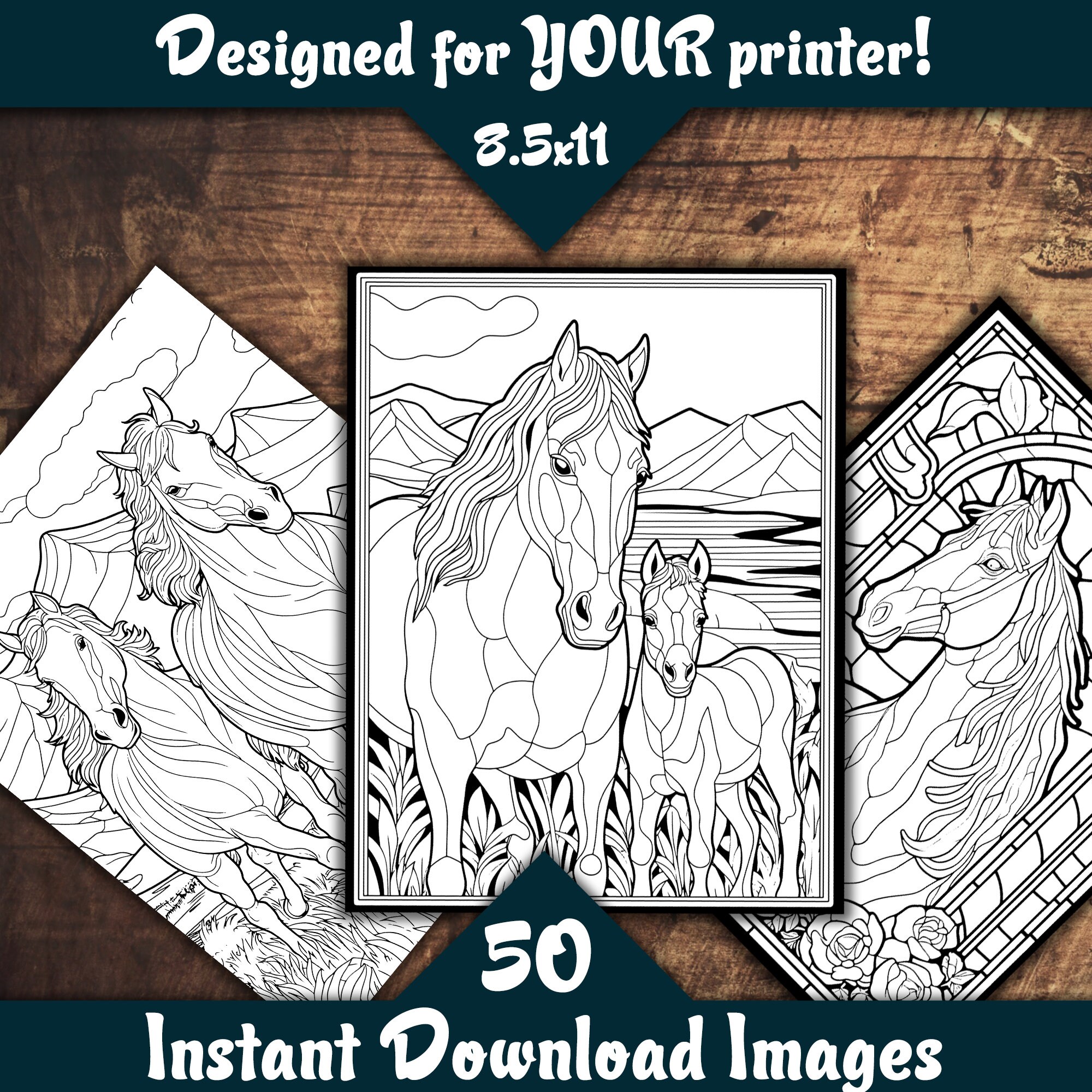 50 Printable Coloring Pages: Horses Instant Coloring Book for Stress ...