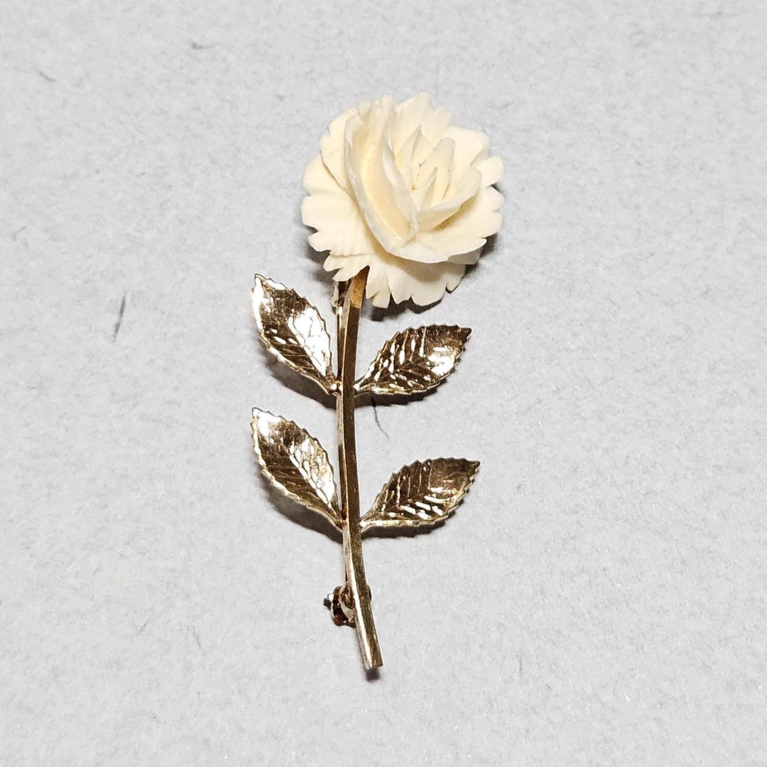 Vintage Carved White Rose Flower 12K Gold Filled Stem and Leaves Brooch ...