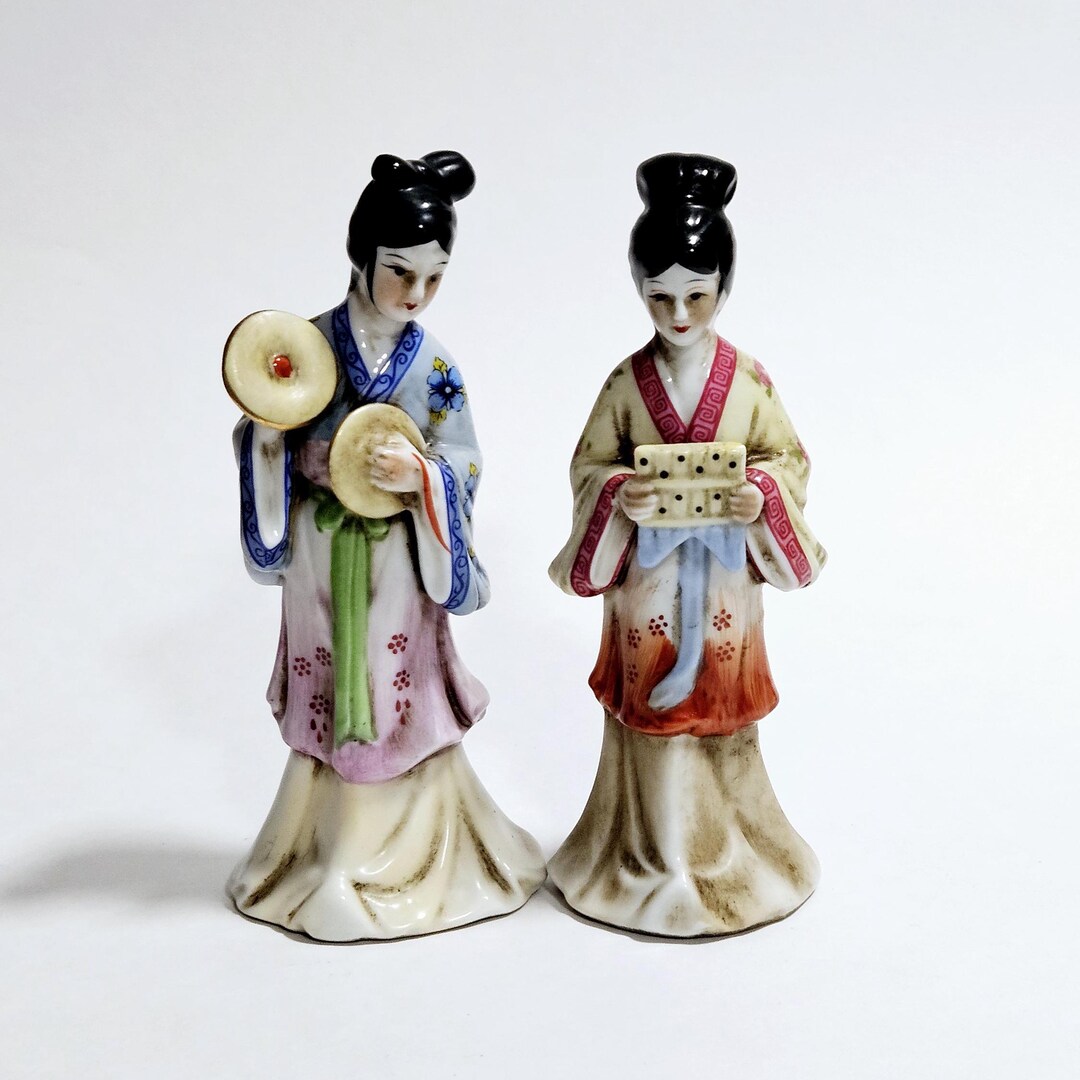 Set of 2 Vtg Asian Geisha Women Bisque Porcelain Figurines Playing ...