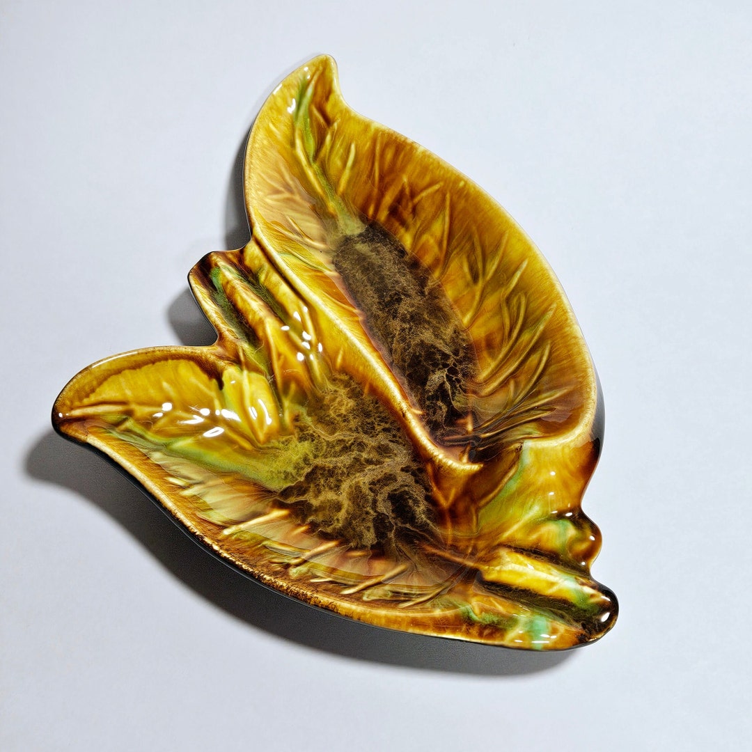 MCM Vintage Deforest Pottery Ashtray Leaf Design Yellow Brown Green ...
