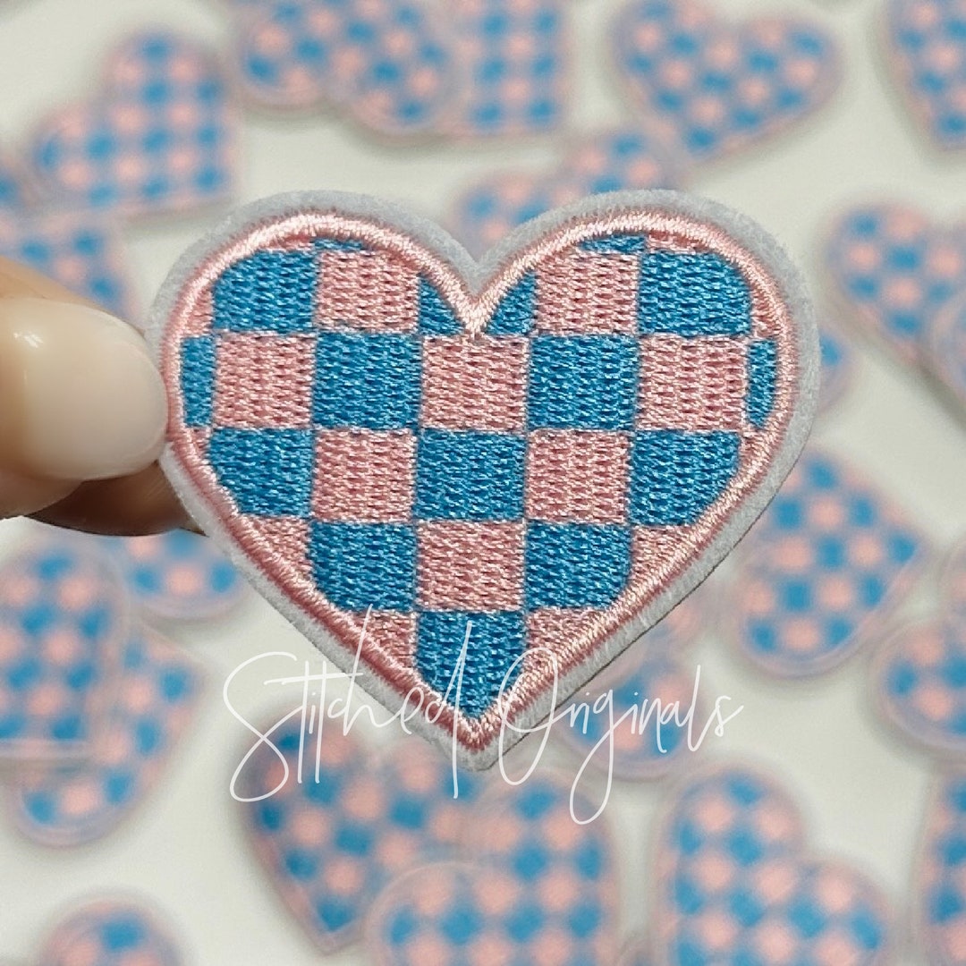 Pink and Light Blue Checkered Heart Patch, Heart Patch, Diy Patch ...