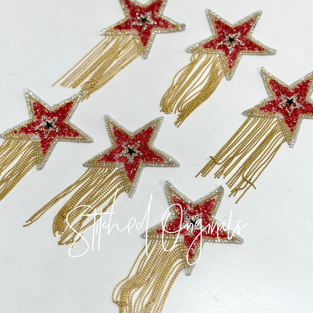 Red Hotfix Star Patch, Gold Beaded Star, With Black CENTER Star, Iron ...