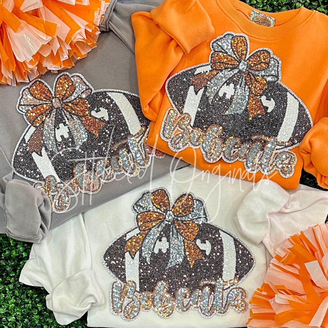 Bobcats Sequin Football Patch, SILVER Glitter Backing, Football With Bow, DIY Patch, Iron on ...