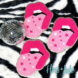 Hot Pink Lips and Tongue With Stars, Chenille Patch, Gold Glitter, Custom Patch, DIY Patch ...