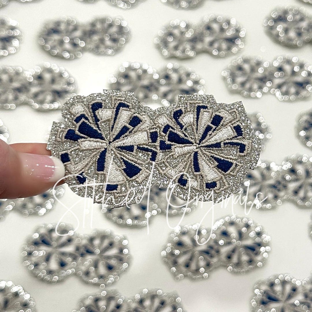 Cheer Pom Pom Patch, White, Navy Pom Pom, Silver Glitter Cheer Patch ...