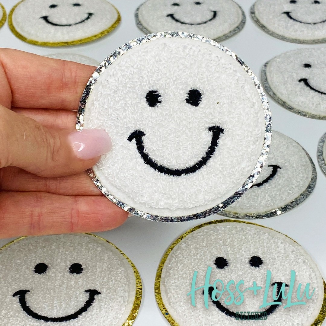 3.12” Face Chenille Patch, Smiley Face Gold Glitter, Smiley Face Silver Glitter, DIY, Iron on ...