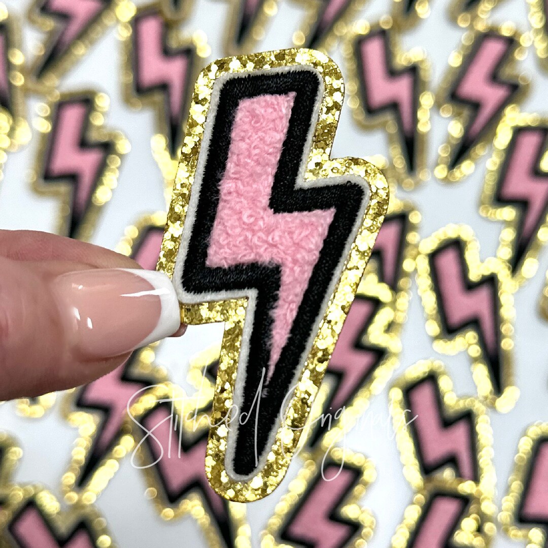 Pink Lightning Bolt Patch, Trucker Cap Patch, Iron On, DIY Patch, Pink Lightning Bolt With Gold ...