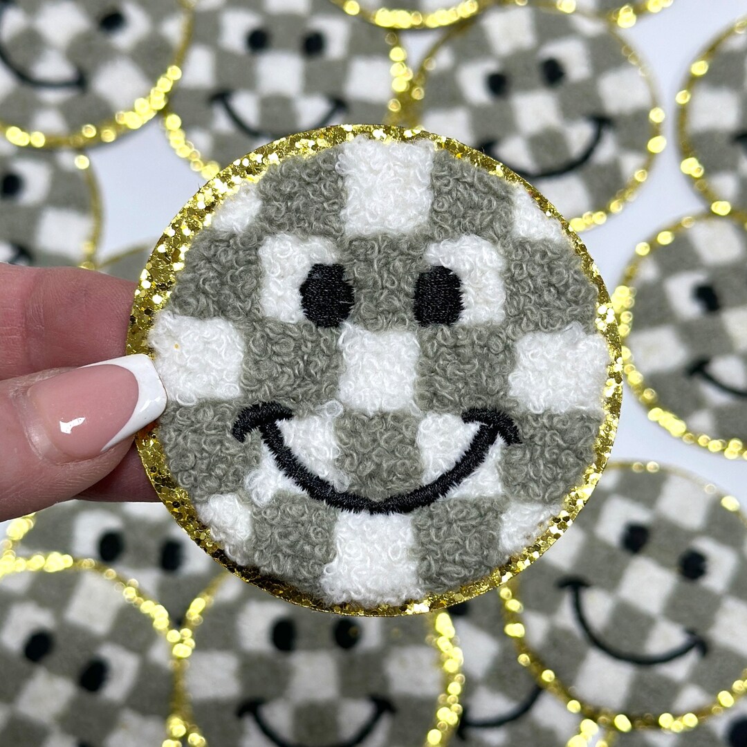 Checkerboard Gray Face 2 3/4"” Chenille Patch With Gold Glitter, Face ...