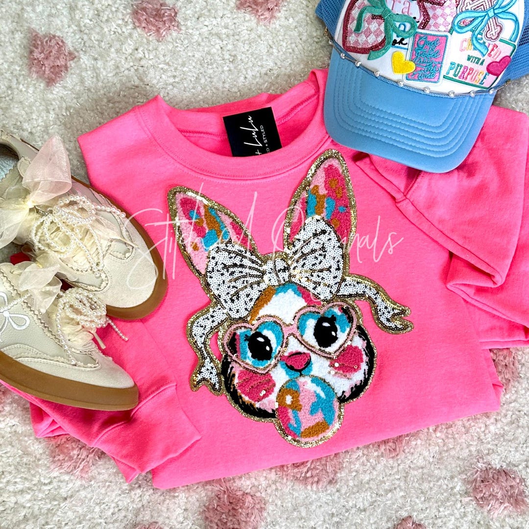 Bubblegum Bunny, Bunny Iron on Patch, Sequin and Chenille Bunny Patch, DIY Patch, Easter Patch ...