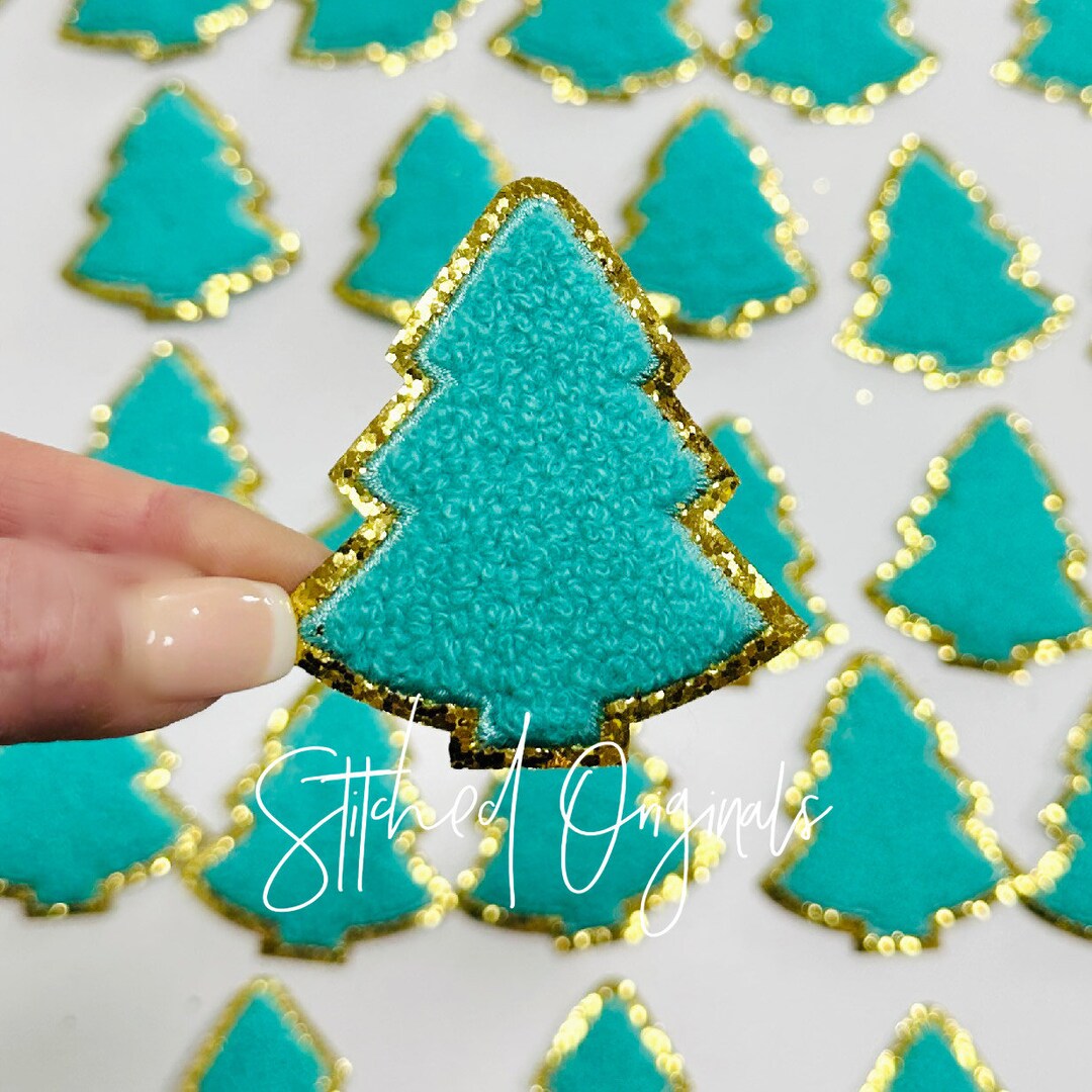 Teal Christmas Tree Patch, Gold Glitter Backing Iron on Patch, Diy ...