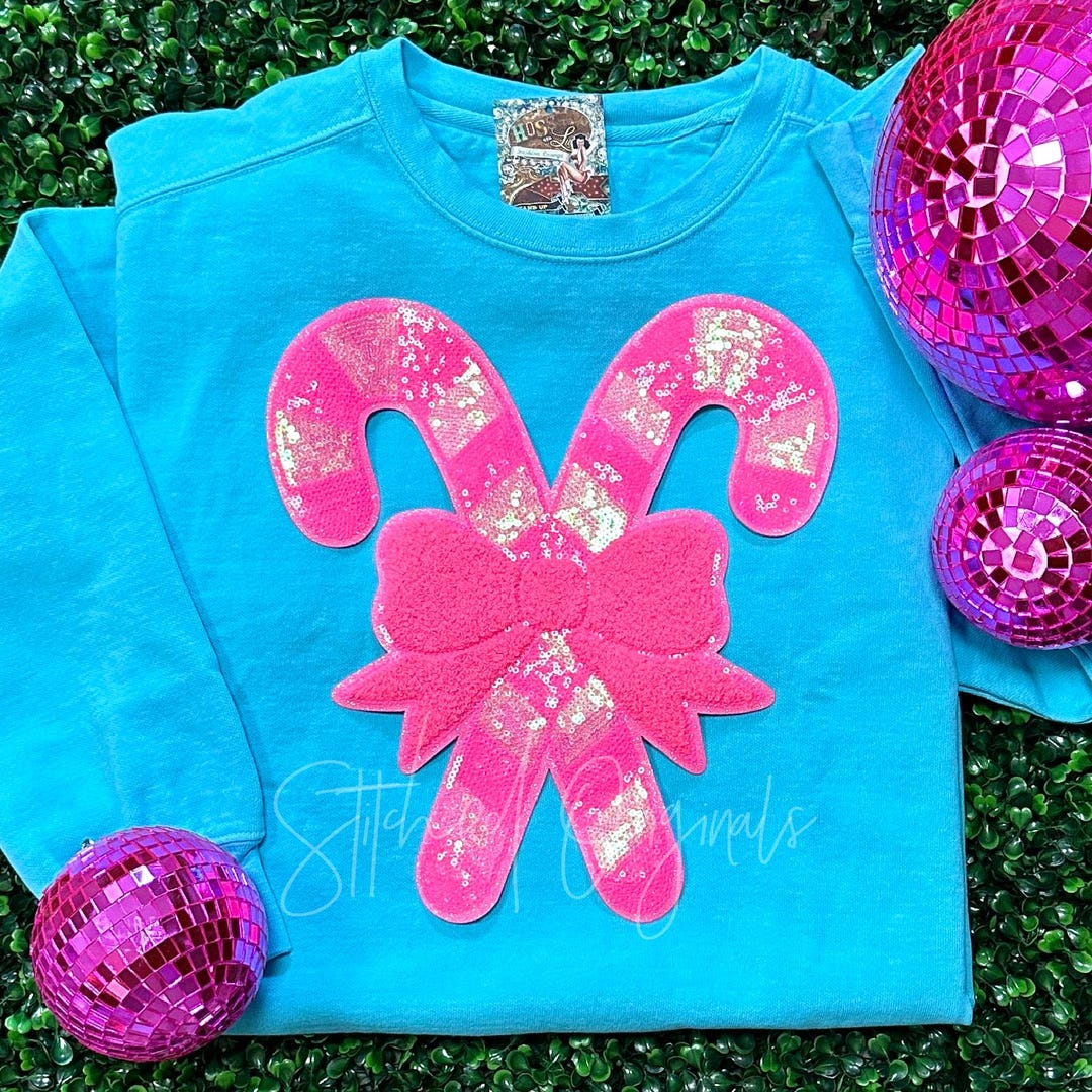 PINK Candy Cane Sequin Patch With Chenille Bow, Iron On, Christmas Patch - Etsy