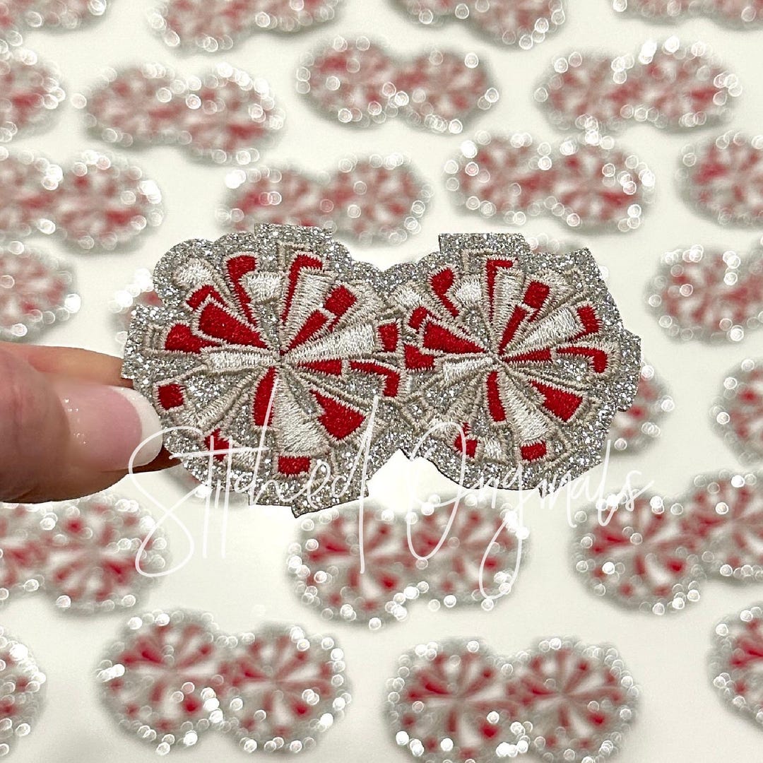 Cheer Pom Pom Patch, White, Crimson Pom Pom, Silver Glitter Cheer Patch ...