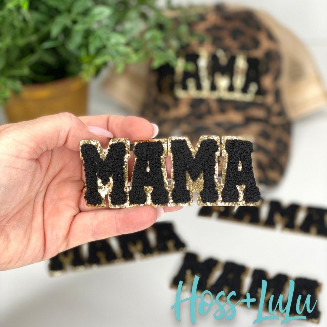 MAMA Chenille Patch, Black 4" MAMA Patch With Gold Glitter, Iron On, Adhesive Back, Chenille ...