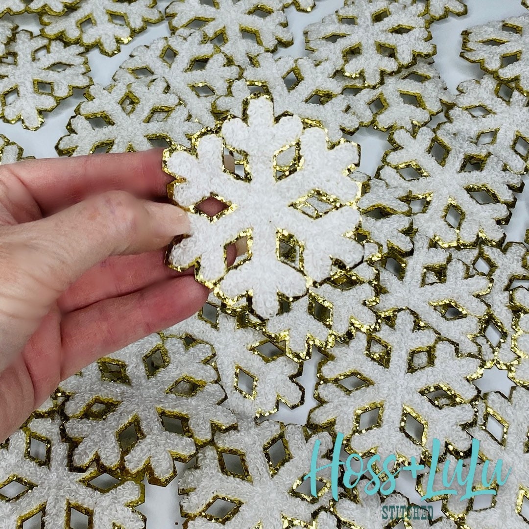 White Snowflake 3.12 Chenille Patch With Gold Glitter, Christmas Patch ...