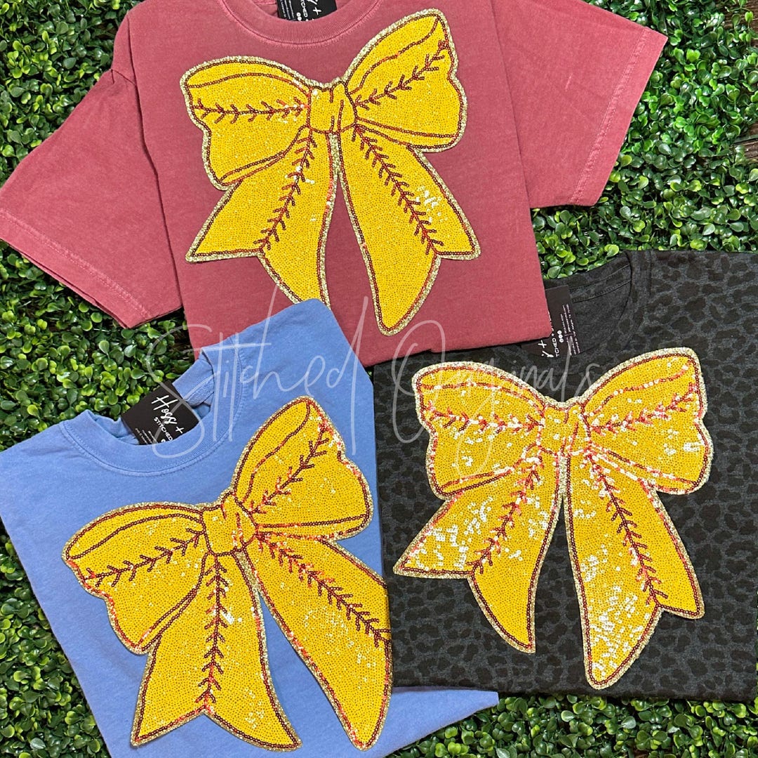 Softball Sequin Bow Patch, Gold Glitter, Iron On, DIY Patch, Softball ...