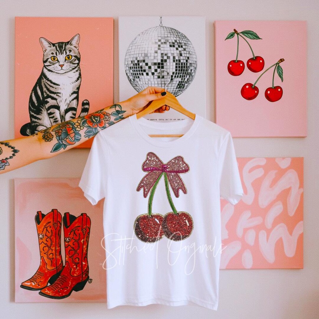 Cherry With Pink Bow Sequin Patch, Iron on Patch, Sequin Patch, DIY ...