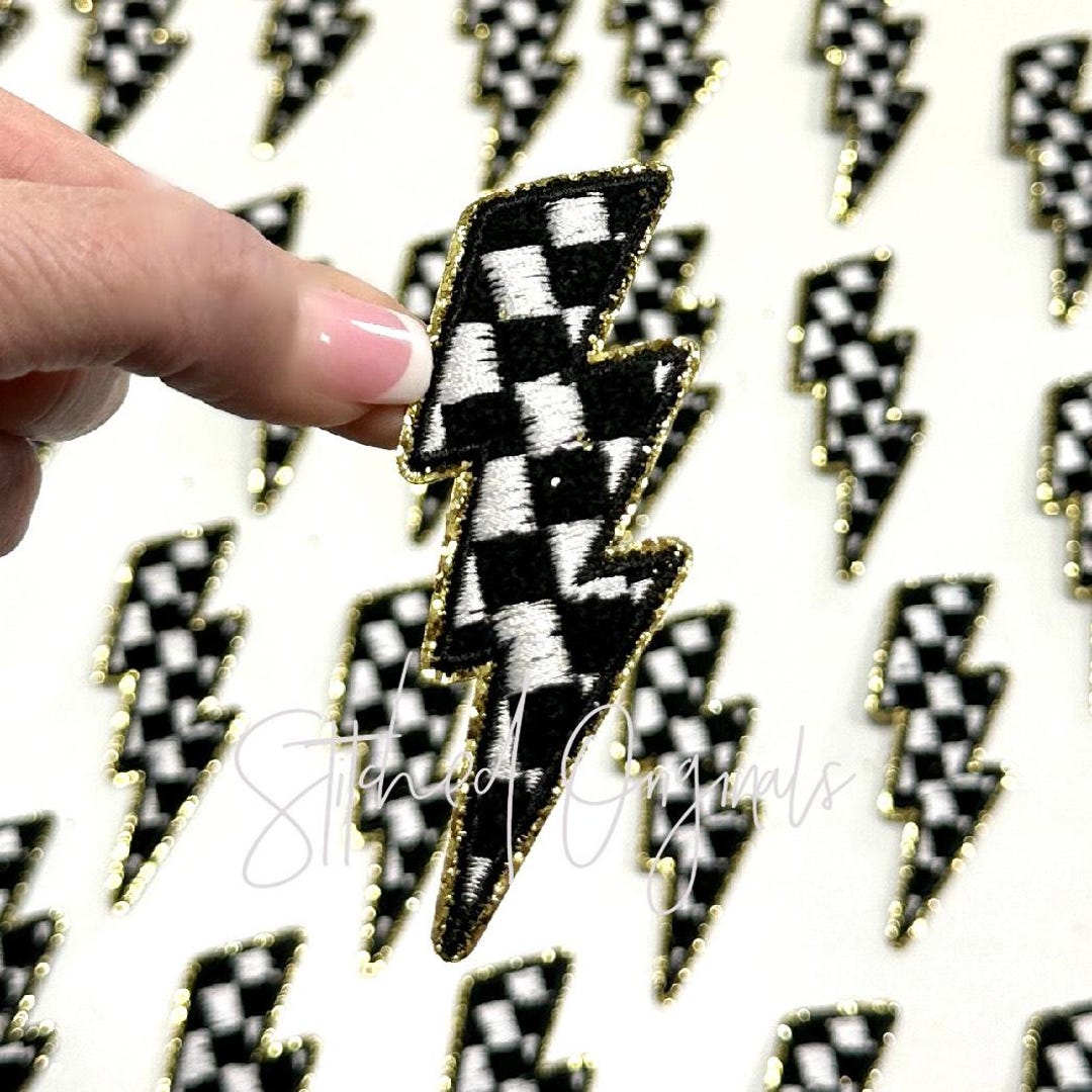 White Checkerboard Lightning Bolt Patch, Trucker Cap Patch, Iron On ...