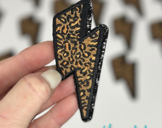 Leopard Lightning Bolt Iron on Patch, BLACK Glitter, DIY Patch, Leopard ...