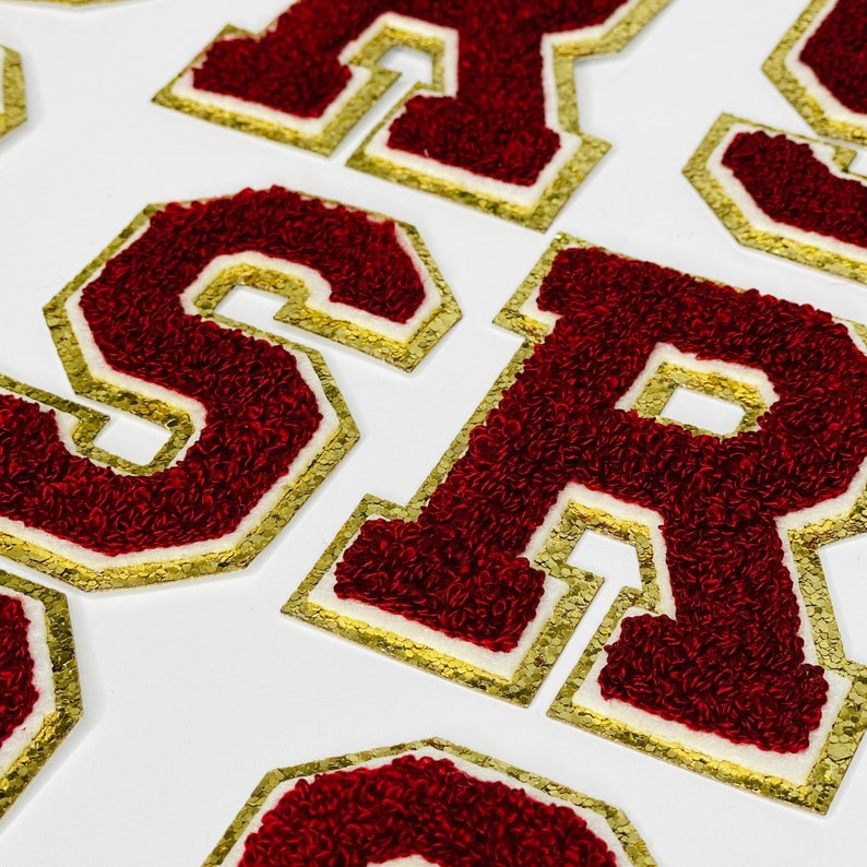 NEW Crimson 3.12" Chenille Letters, GOLD Glitter, Varsity Letter Iron ...