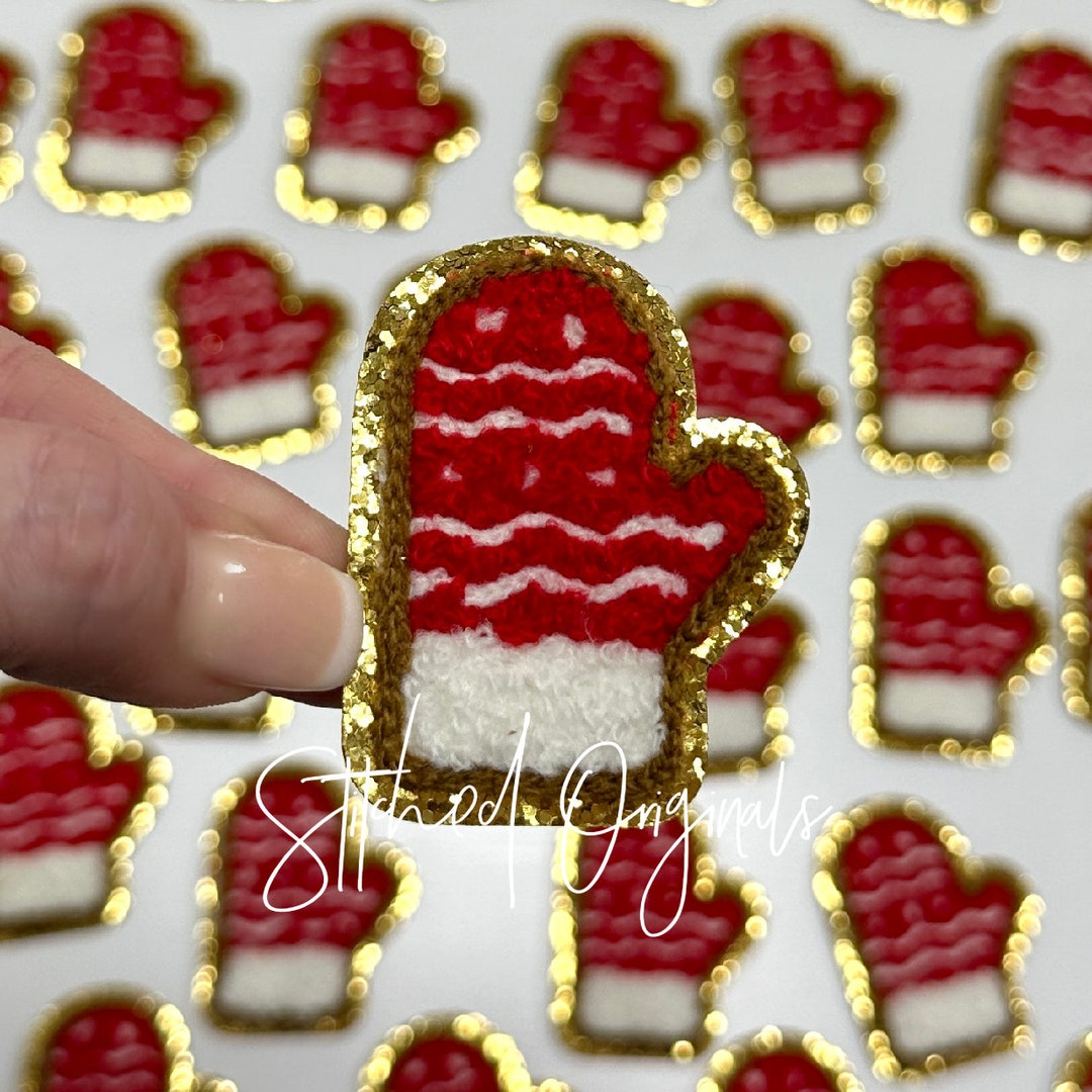 Red Mitten Patch, Gold Glitter Backing Chenille Patch, Iron on Patch ...