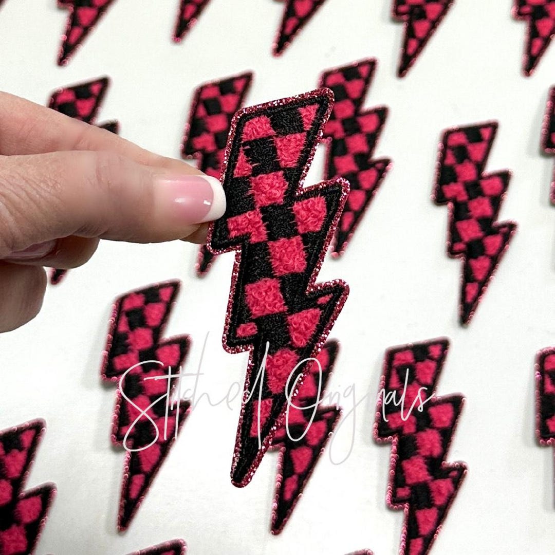 Hot Pink Checkerboard Lightning Bolt Patch, Trucker Cap Patch, Iron On ...