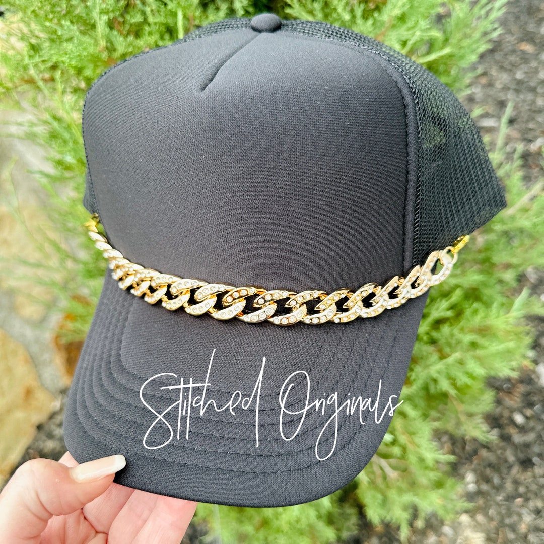 Gold Plated Large Link Hat Chain, Rhinestone Gold Link Trucker Hat ...