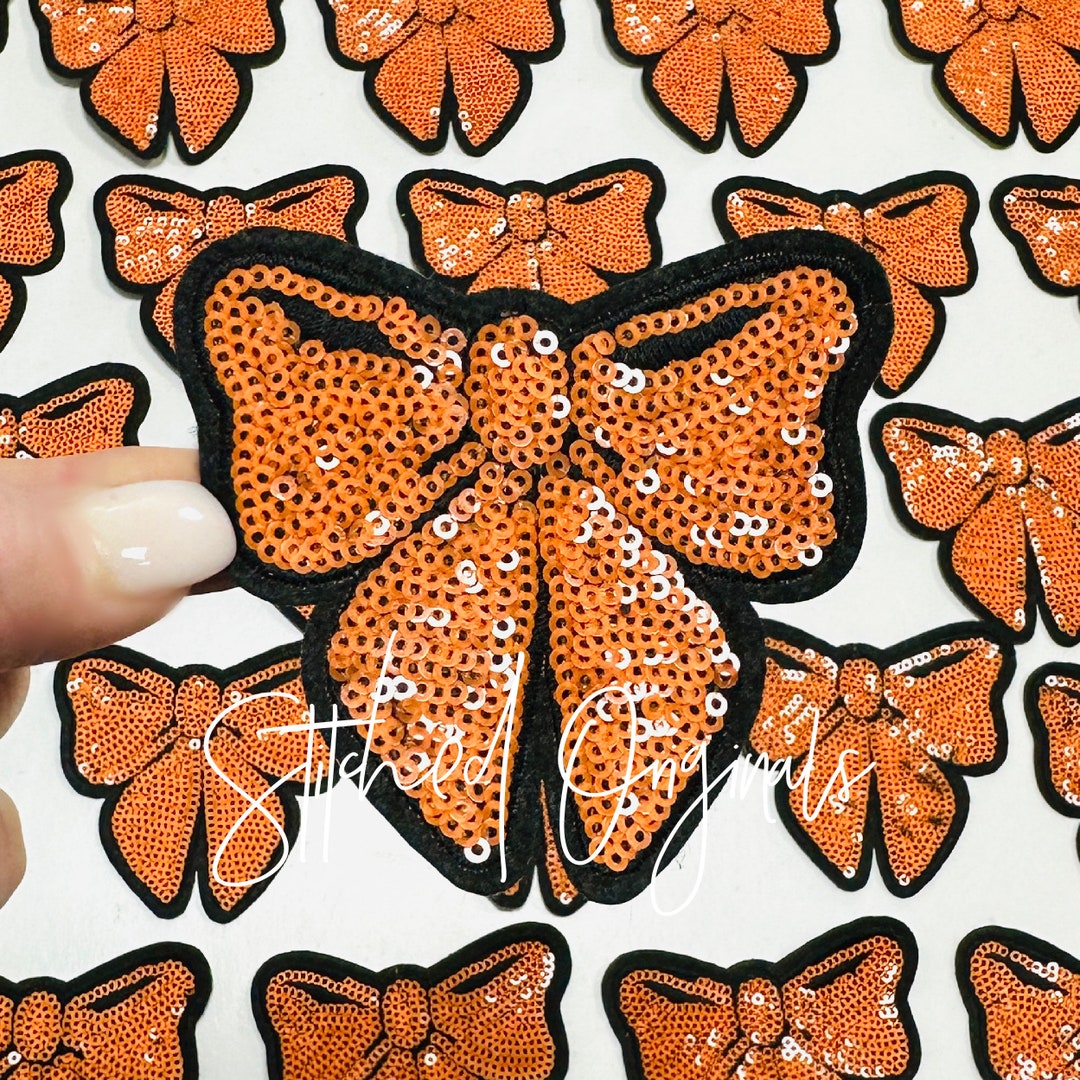 Sequin Bow Patch, Orange 3.25 Bow, Iron on Patch, DIY Patch, Sequin Bow ...