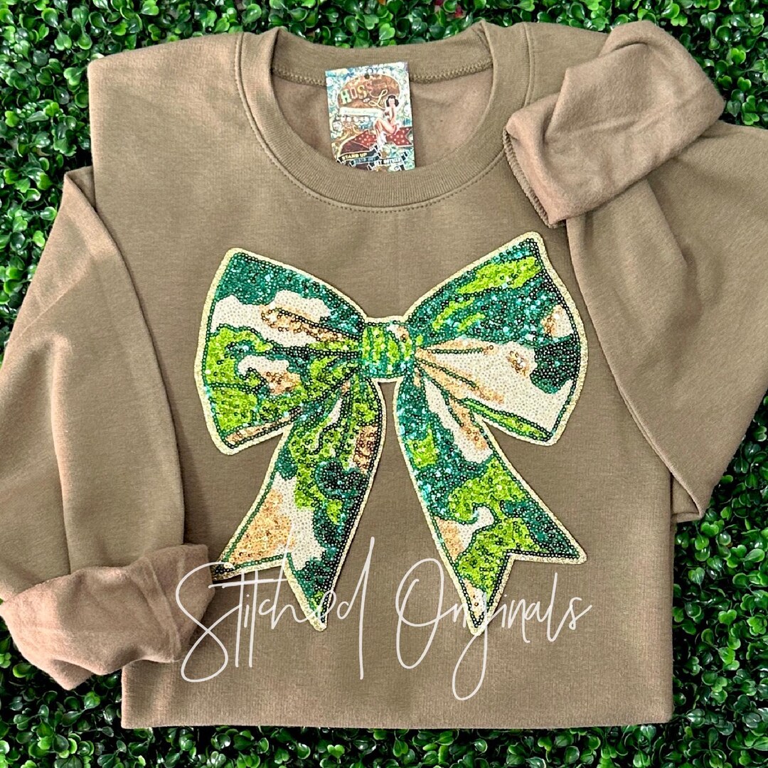 Camo Sequin Bow Patch, Gold Glitter Backing, Iron On, DIY Patch, Bow ...