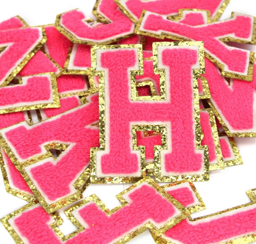 Hot Pink 3.12" Chenille Letters, Gold Glitter, Varsity Letter Iron on ...