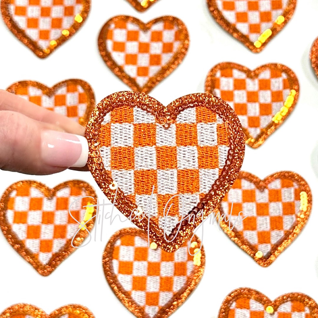 Orange Checkered Heart Patch, Heart Patch With Sequins, Diy Patch ...
