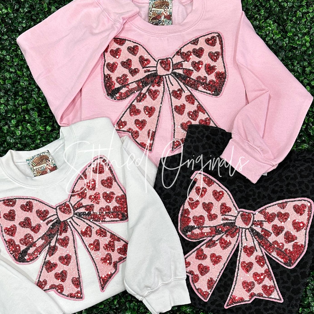 Valentines Day Heart Pink Bow Patch, Pink Glitter Backing, Iron On, DIY ...