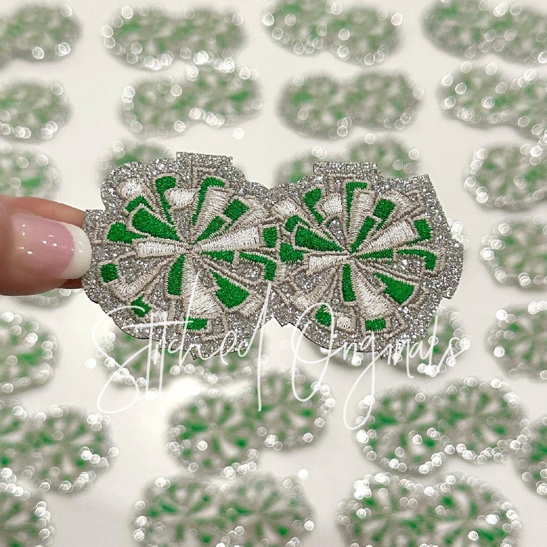 Cheer Pom Pom Patch, White, Green Pom Pom, Silver Glitter Cheer Patch ...