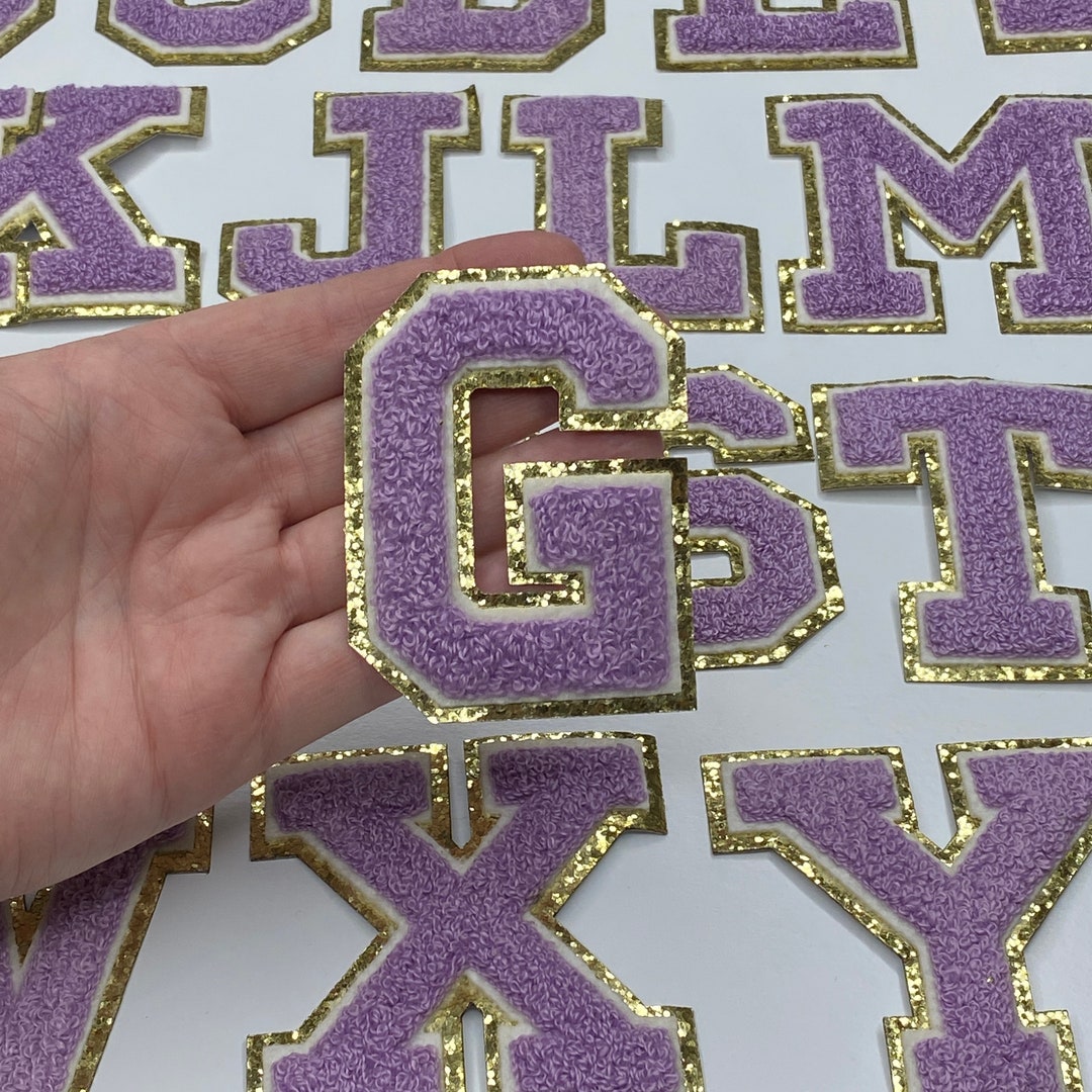 Lavender 3.12" Chenille Letters, Gold Glitter, Varsity Letter Iron on ...