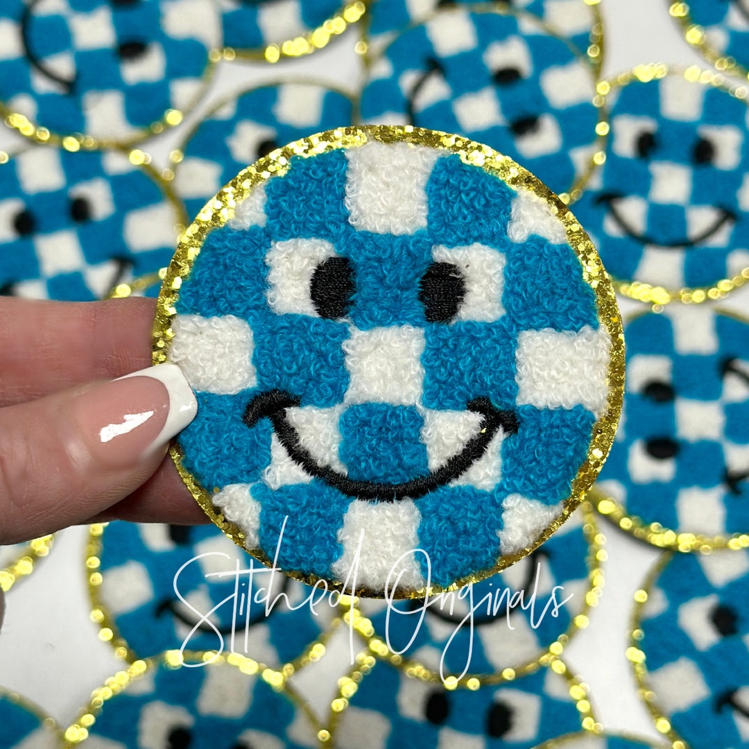 Checkerboard Chalk Blue Face 2 3/4"” Chenille Patch With Gold Glitter ...
