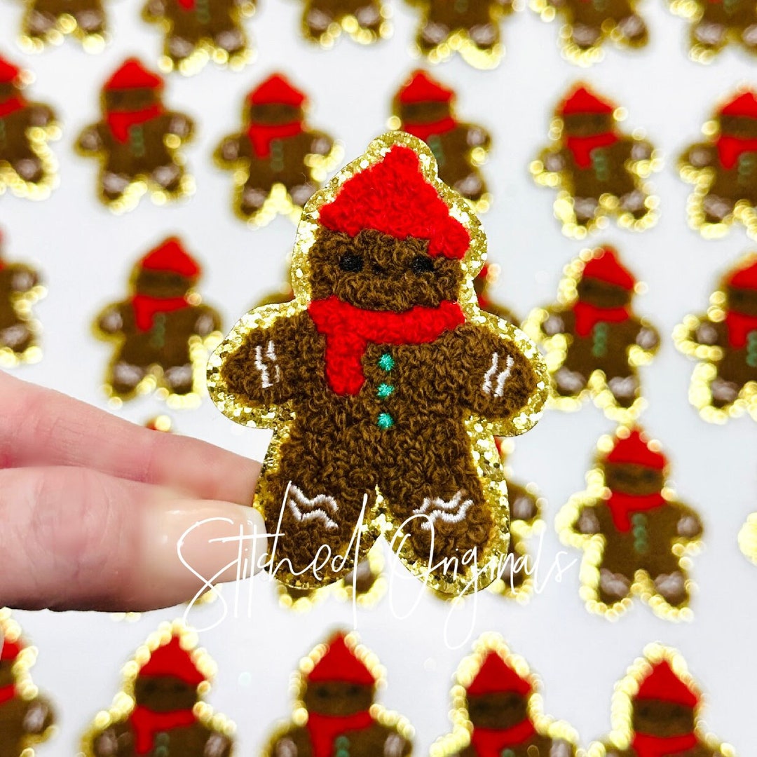 Gingerbread Man Patch, Chenille Patch Red Hat Gold Glitter, Iron on ...