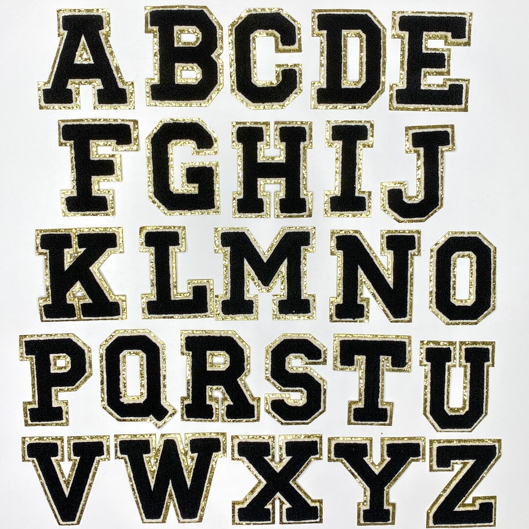 Black 3.12" Chenille Letters, Gold Glitter, Varsity Letter Iron on ...