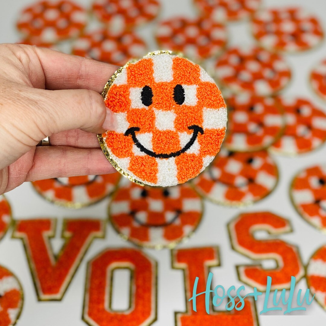 Orange Checkerboard Smiley Face Chenille Patch With Gold Glitter (2.75 ...