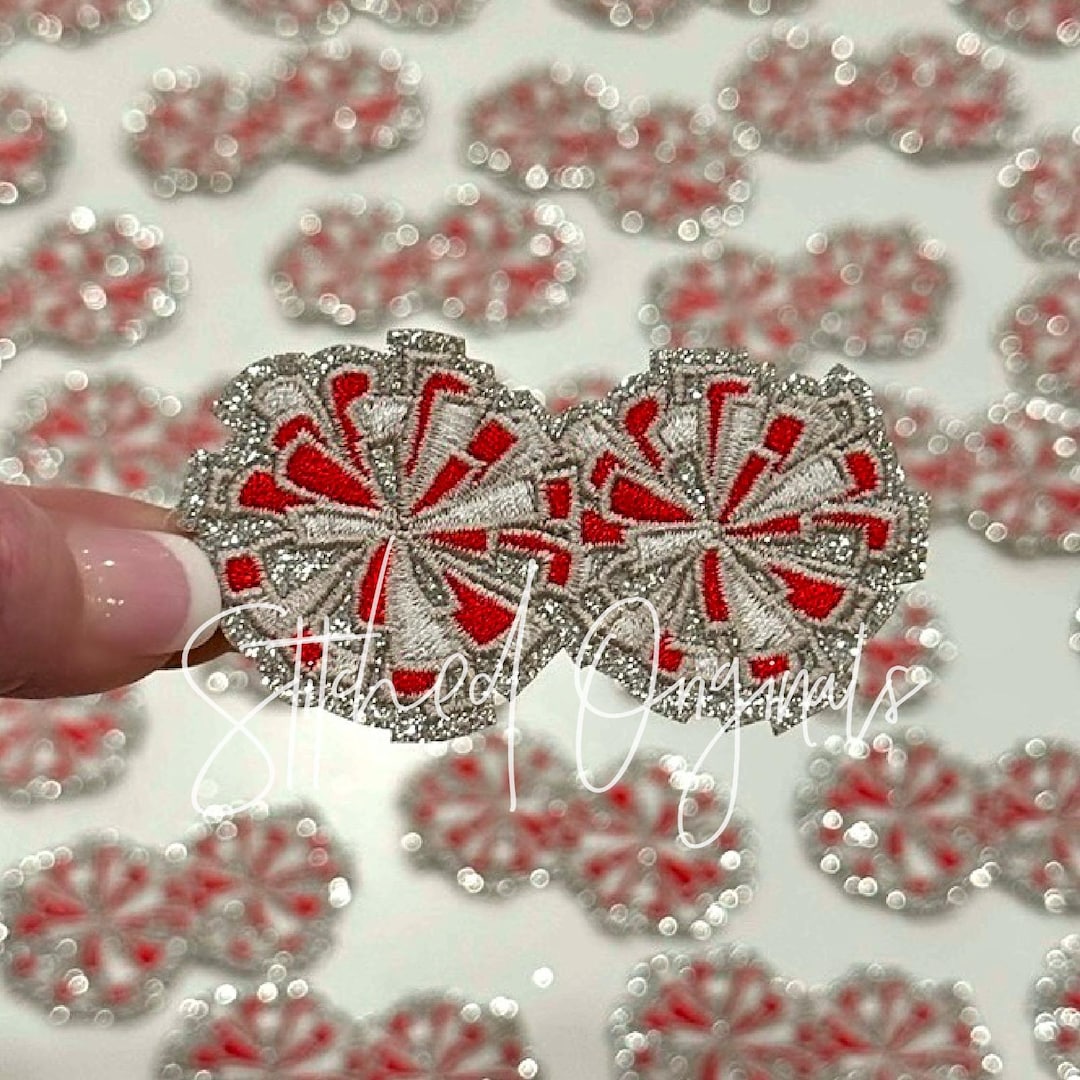 Cheer Pom Pom Patch, White, Red Pom Pom, Silver Glitter Cheer Patch, DIY Patch, Iron on Patch ...