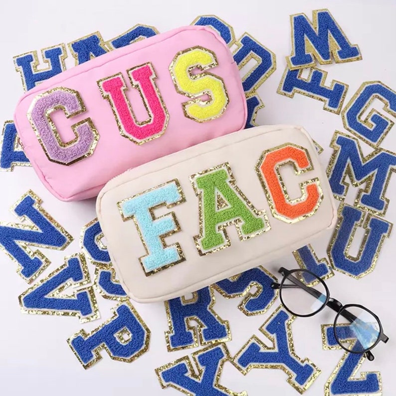 Light Blue 3.12 Chenille Letters Gold Glitter Varsity - Etsy