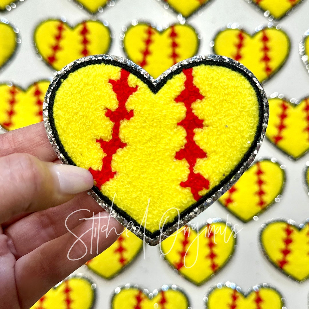 Softball SILVER Glitter Heart Patch, DIY Patch, Softball Iron on Patch ...