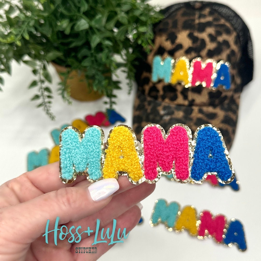 MAMA Multi Color Chenille Patch, Multi Color MAMA Patch With Gold Glitter, Iron On, Chenille ...