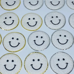 3.12” Face Chenille Patch, Smiley Face Gold Glitter, Smiley Face Silver ...