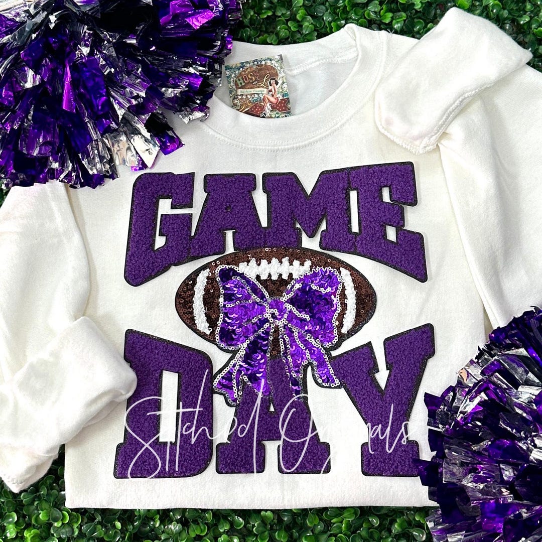 Purple Game Day Patch, Sequin Ball and Bow, Iron on Patch, Chenille ...