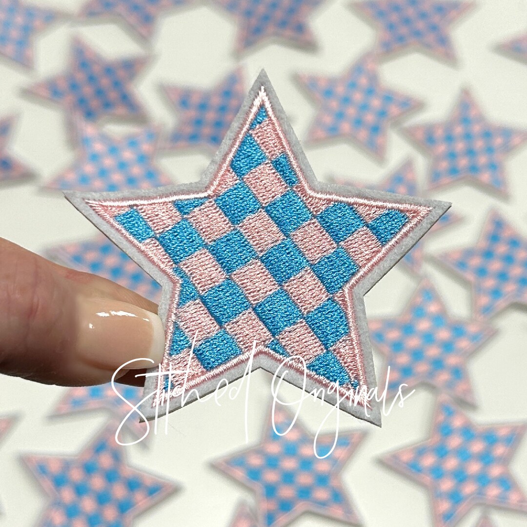 Checkered Star Iron on Patch, Blue and Pink Embroidered Applique - Etsy