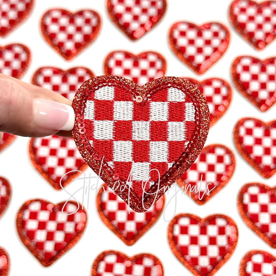 Red Checkered Heart Patch, Heart Patch With Sequins, Diy Patch, Trucker ...