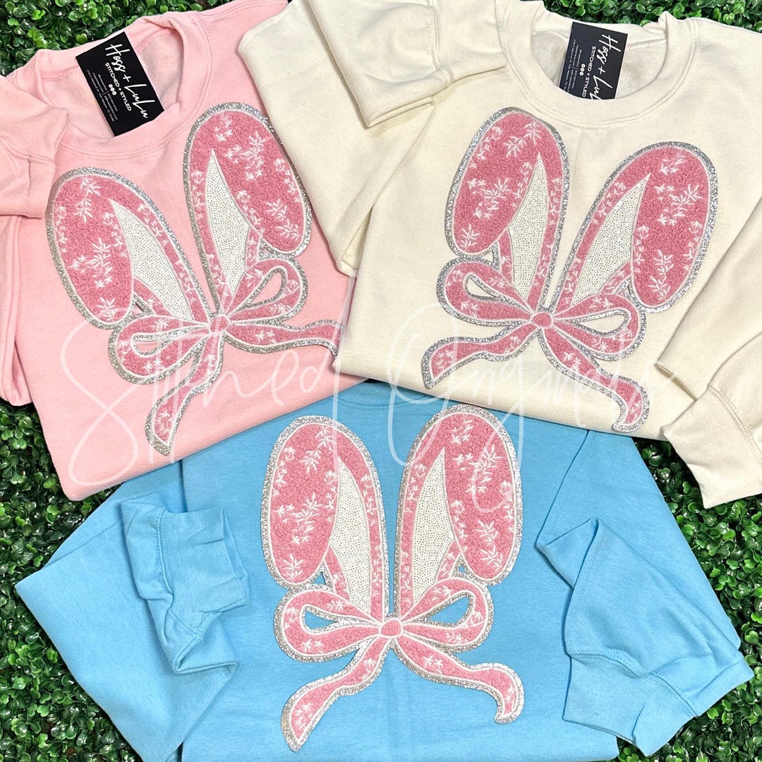 Bunny Ears Patch, Pink Ears With Bow, Iron on Patch, Chenille Bunny ...