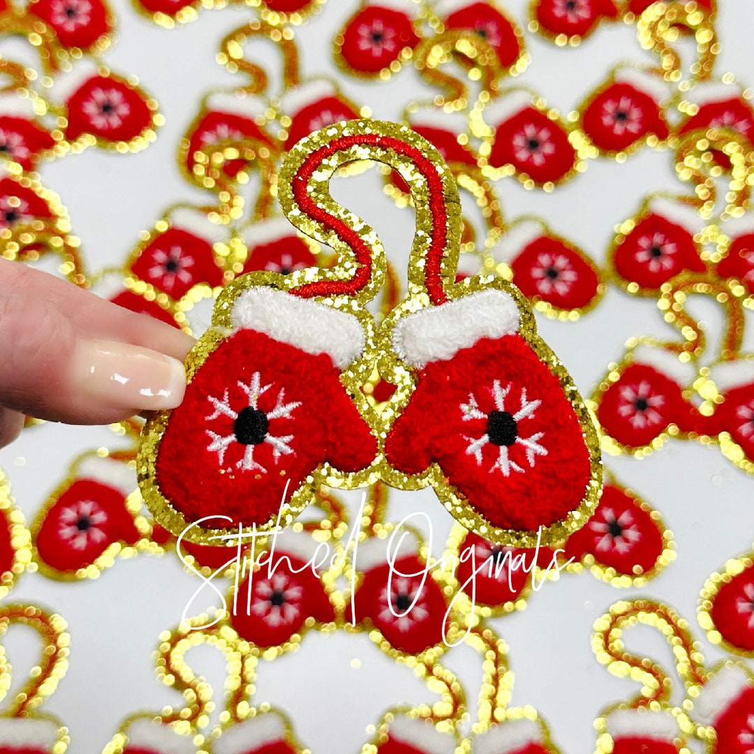 Red Mittens Patch, Gold Glitter Backing Chenille Patch, Iron on Patch ...