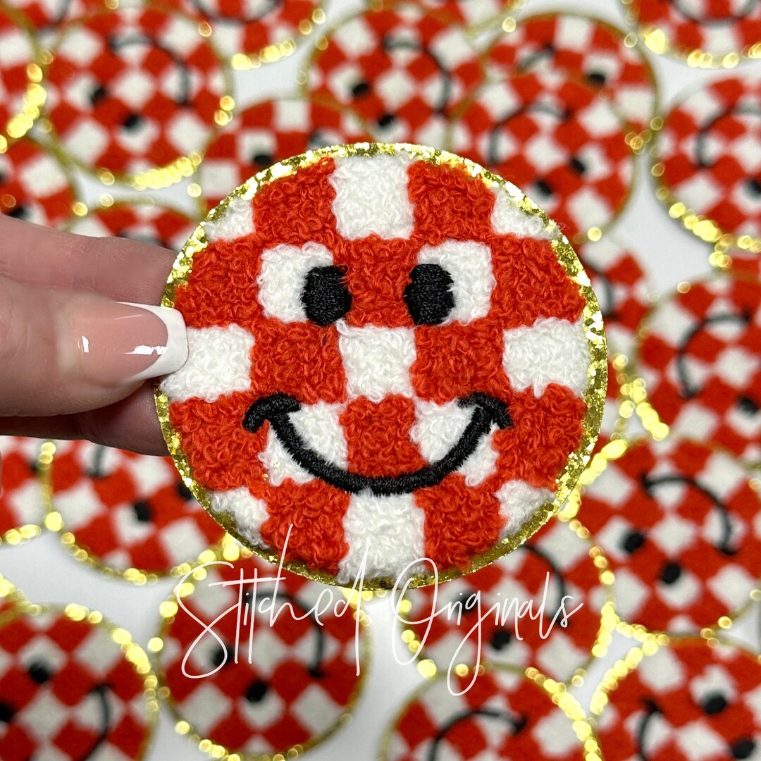 Checkerboard Burndt Orange Face 2 3/4"” Chenille Patch With Gold ...