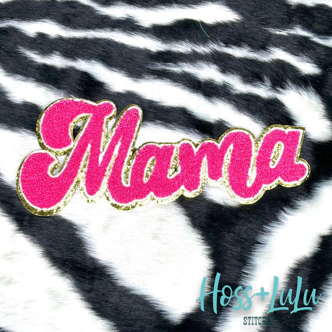 Mama Hot Pink Chenille Patch, Mama Patch With Gold Glitter, Iron On, Chenille MAMA Cursive Patch ...